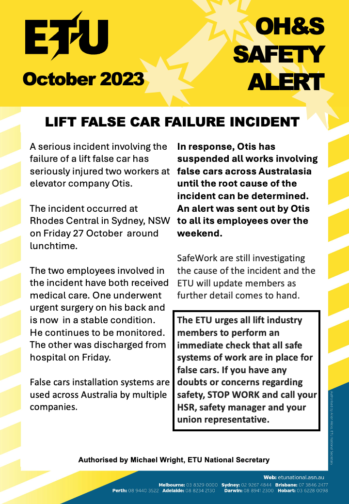 SAFETY ALERT: LIFT FALSE CAR FAILURE INCIDENT - Electrical Trades Union