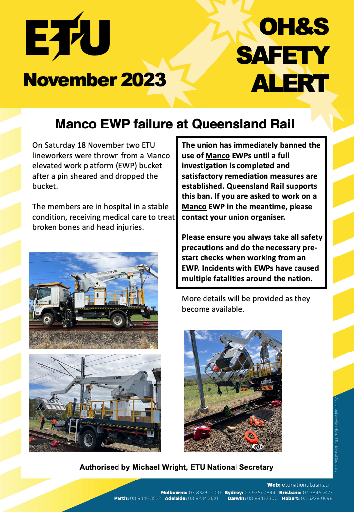SAFETY ALERT: MANCO EWP FAILURE AT QUEENSLAND RAIL - Electrical Trades ...
